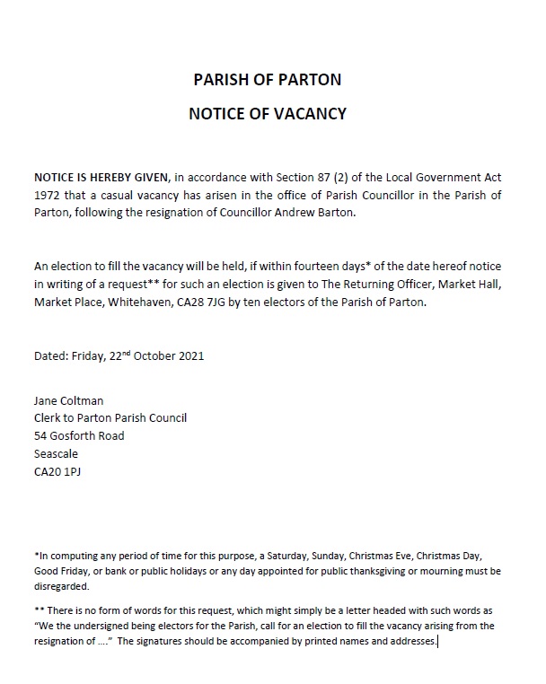 ELECTIONS & VACANCIES – PARTON PARISH COUNCIL
